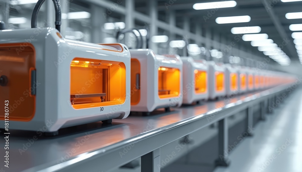 Illustration presents several 3D printers in row. Inside modern ...