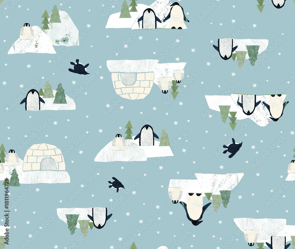 Charming arctic scene seamless pattern with cute penguins and polar ...