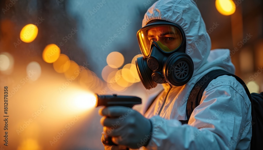 Pest control worker sprays poison in protective suit and gas mask ...