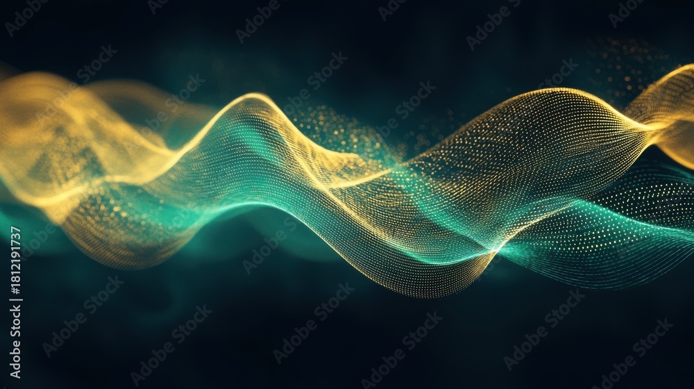Laser beam modulation creating dynamic particle wave formations with golden and teal frequency ...