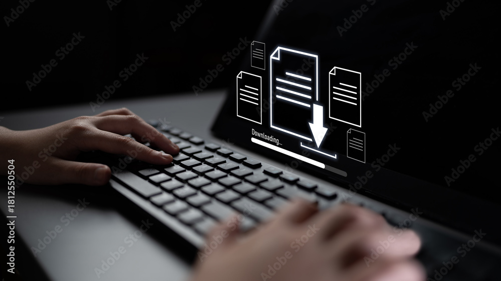 Visual representation of digital document downloading, showing file ...