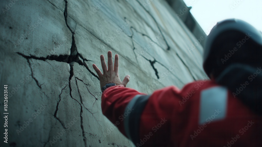 Worker in red jacket and helmet touches deep cracks in concrete wall ...