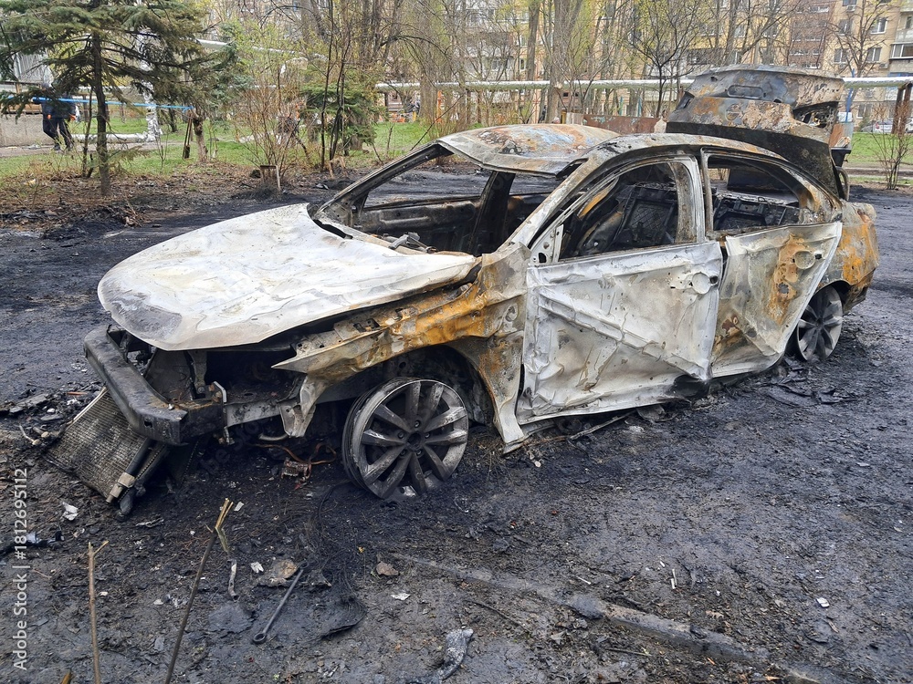 Burnt cars in parking lot, the car interior burned. Russia s war ...