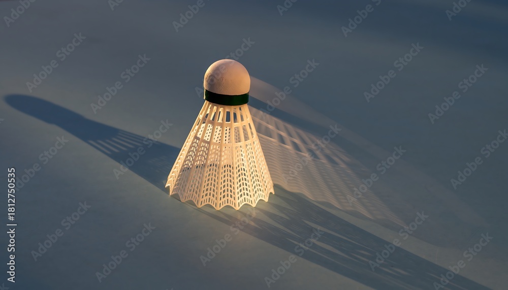 Badminton shuttlecock flying mid-air with motion blur and shadow trail ...