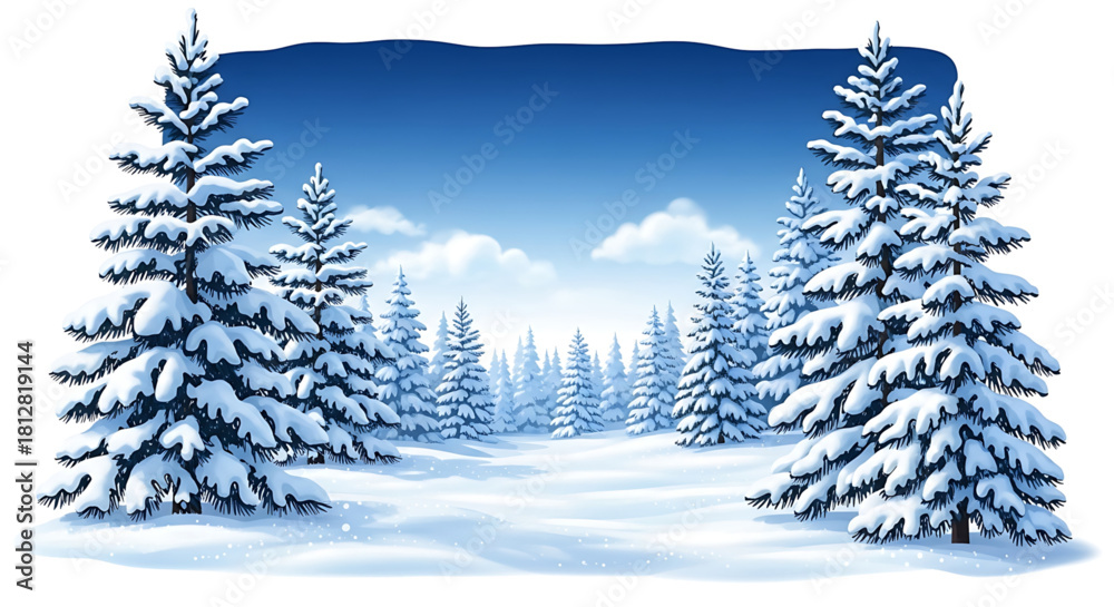 Cartoon winter wonderland with snow-covered evergreen trees on a bright ...