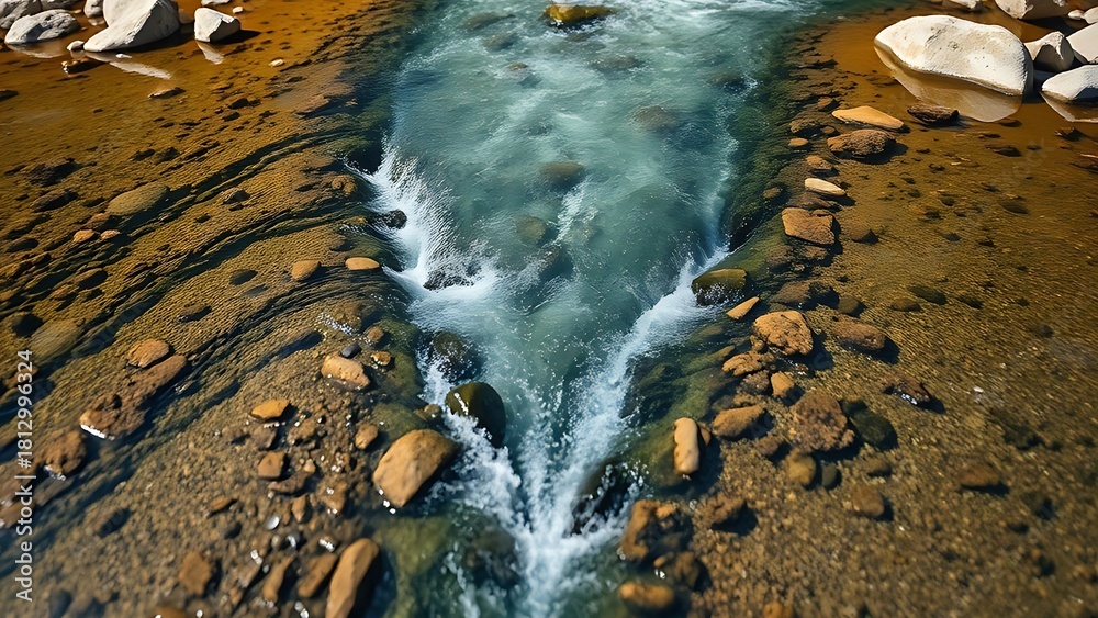 hydrology. Two streams converging forming V-shaped water patterns in ...