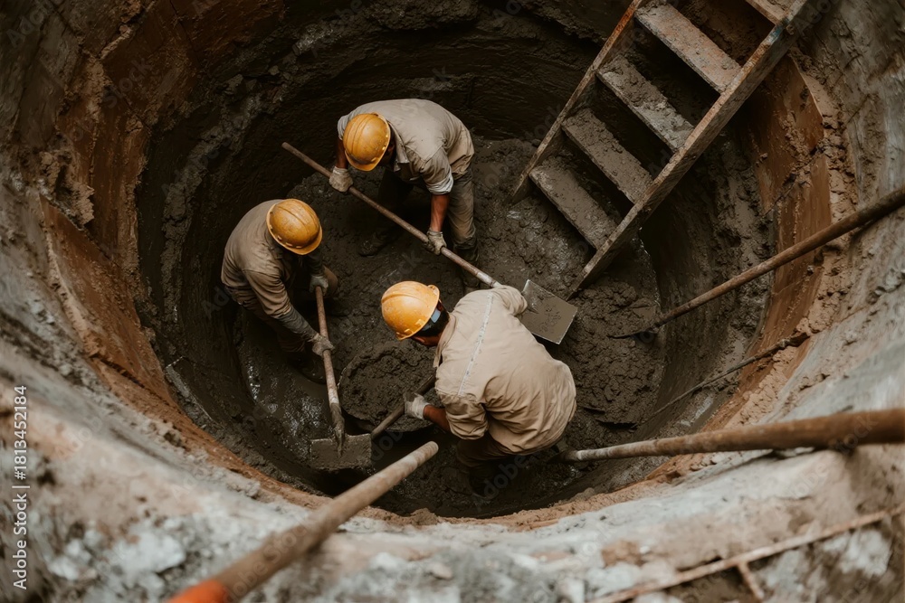 Construction workers in protective gear dig and work inside a deep ...
