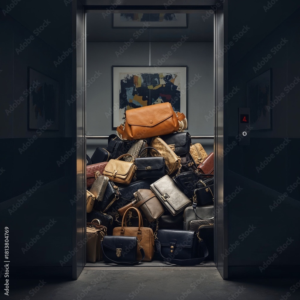 Hyper-realistic poster scene: slightly open office elevator doors ...