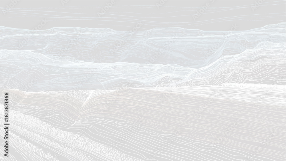 Abstract landscape with layered hills and sky in pale grey and white ...