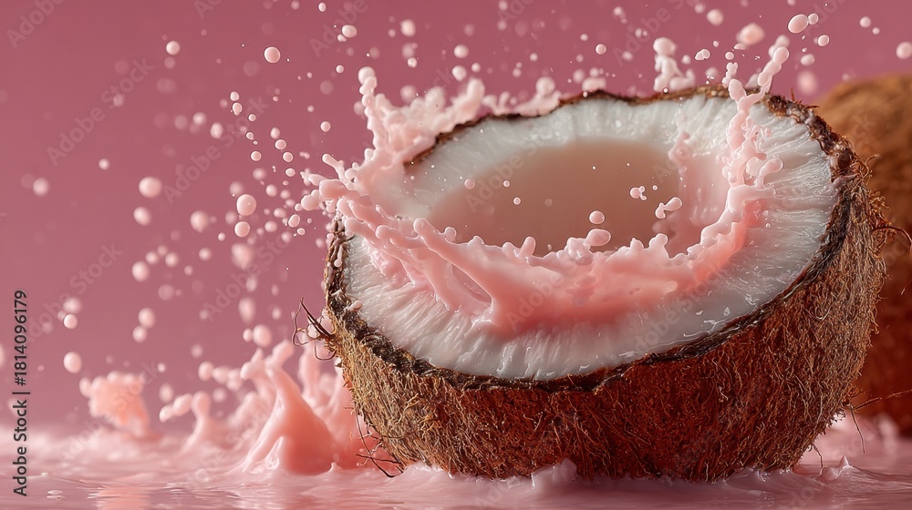 Coconut halves show pink liquid splash on a pink background, a ...