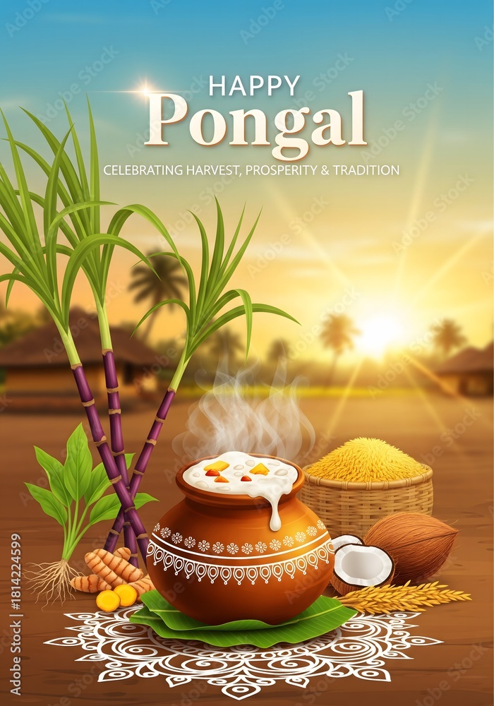 Happy pongal festival celebration with traditional pot and sugarcane at ...