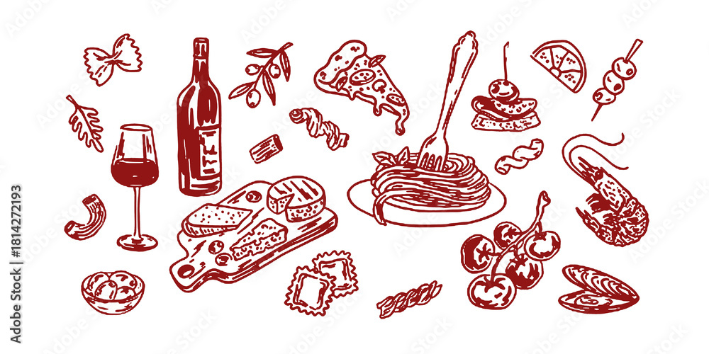 Hand drawn crayon food illustration. Sketch style lunch or dinner ...