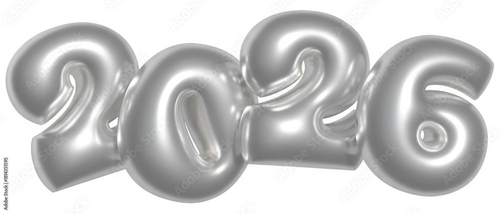 Silver 3D text 2026 on a transparent background. Silver bubble typeface ...
