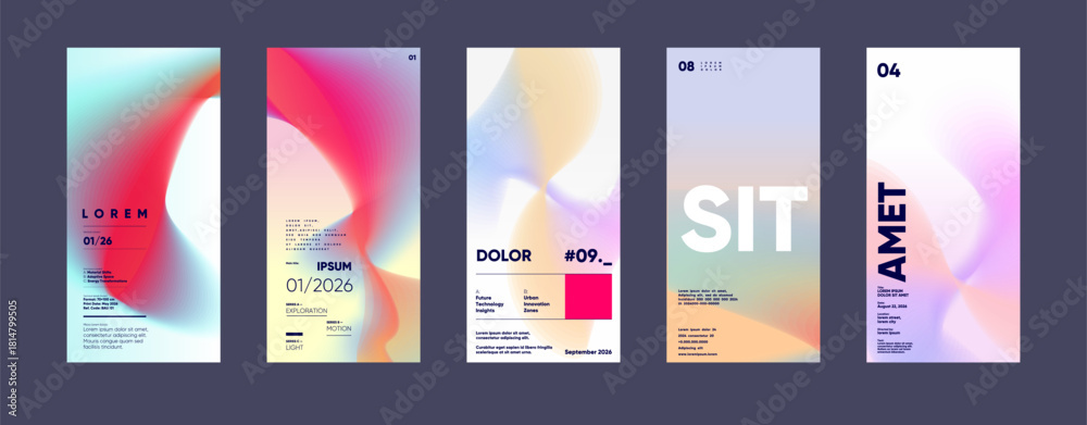 A collection of five modern, abstract posters featuring vibrant ...