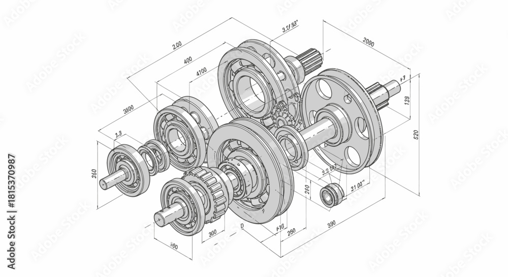 Detailed exploded view of a complex industrial gearbox assembly showing ...
