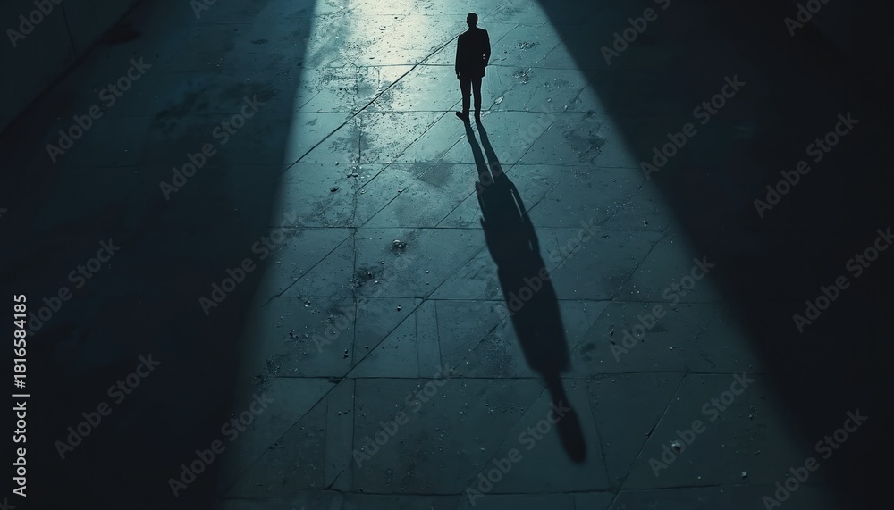 Illustration Stock A person stands alone on a tiled floor, casting a ...