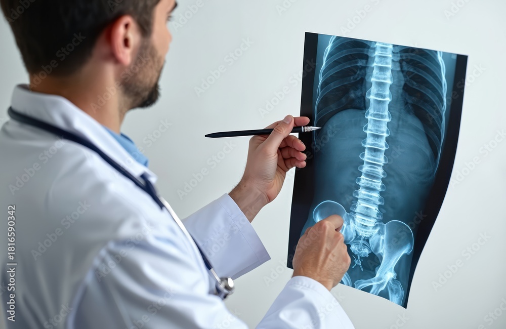 Doctor examines spine x-ray image with pencil. Physician studies ...
