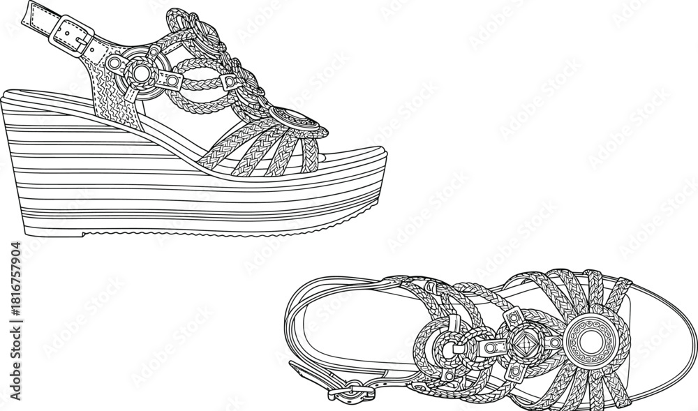 Women's wedge sandals technical drawing, top and side views, fashion ...