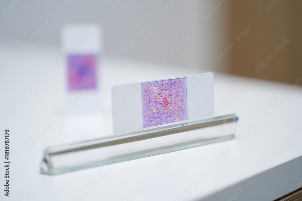 Single microscope slide on a clear glass carrier atop a pristine white ...