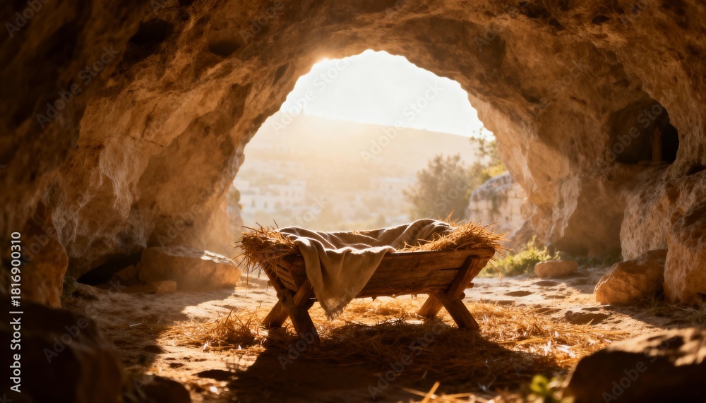 Empty wooden manger with straw inside a rocky cave. Nativity scene ...