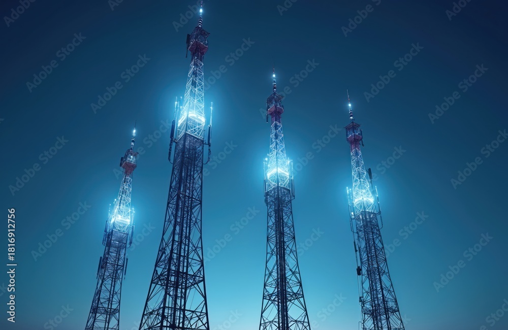 Four cellular base stations stand tall against dark blue evening sky ...