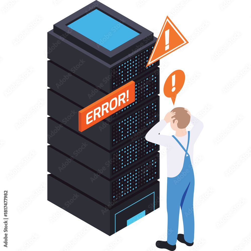 Worried Technician With Hands On Head Near Large Server Rack Displaying ...
