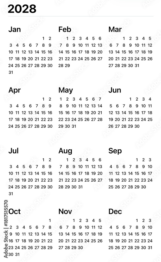 2028 Yearly Calendar: Simple yearly calendar layout showcasing the ...