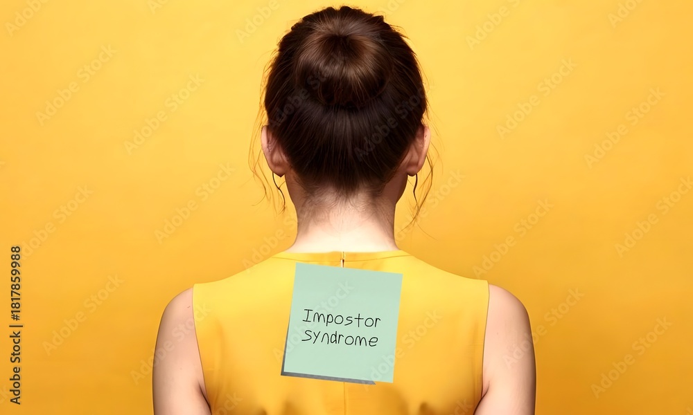 Young woman with yellow label on back IMPOSTOR SYNDROME, people with ...