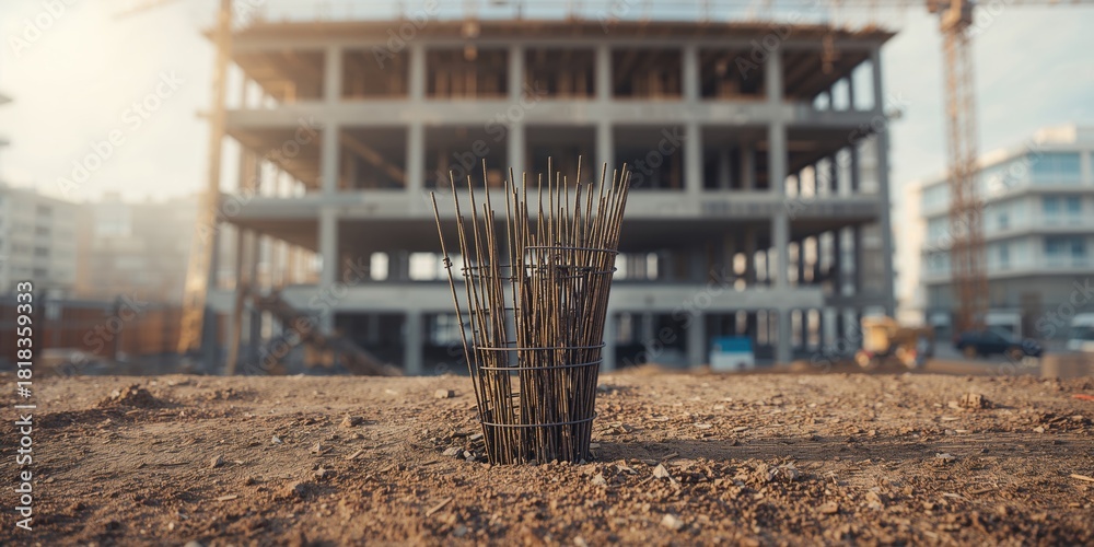 Construction rebar protruding from an unfinished building framework ...