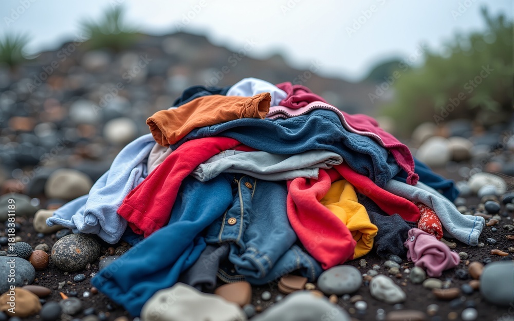 Ilustracja bez tantiem: Pile of discarded clothes in landfill ...