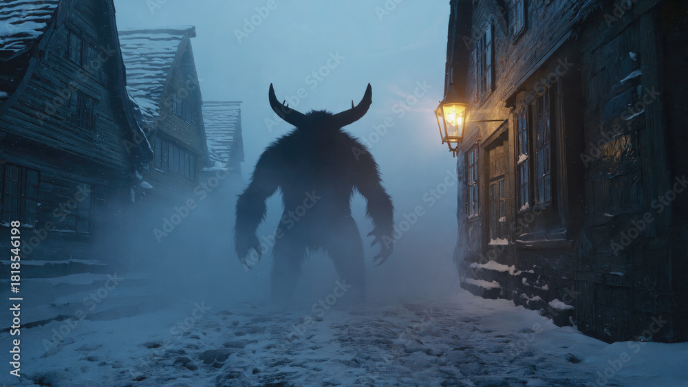 Krampus monster standing on a snowy cobblestone street at night, people ...