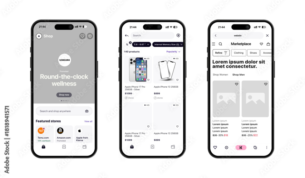 Klarna Marketplace app UI screen design update 2026 shown on iPhone 17 ...