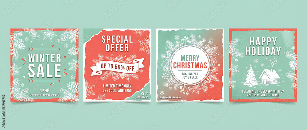 Winter holidays square banner templates with Christmas tree branches ...