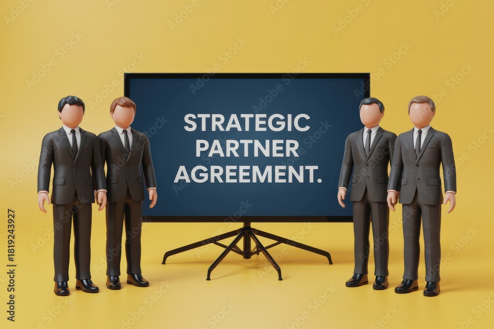 Four businessmen in suits finalizing a corporate collaboration deal. 3D ...