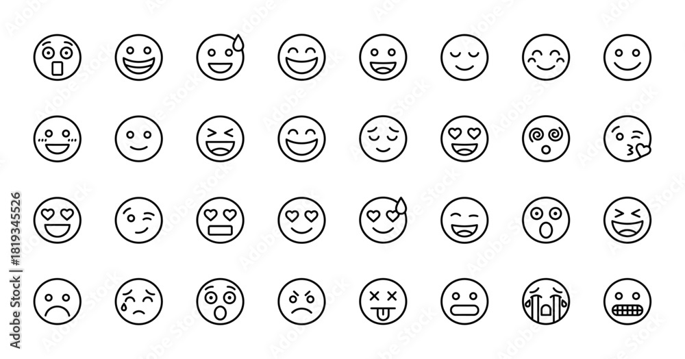 Emoji and emoticon line icon set. Vector pictograms of happy, sad ...