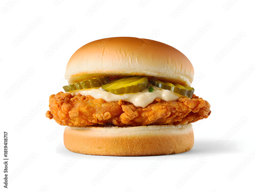Chicken Burger with Pickle and Sauce: A mouthwatering chicken burger is ...