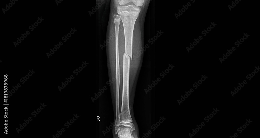 Tibia fracture x-ray showing broken bone with displacement. AP and ...