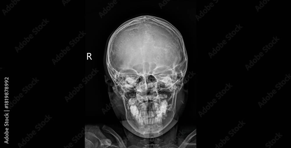 Skull x-ray showing cranial bones, facial skeleton and teeth. AP ...