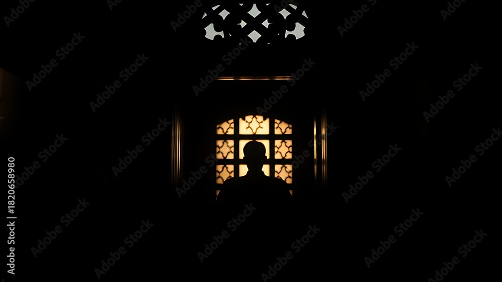 kneeler. A dimly lit confessional booth with a silhouette visible ...