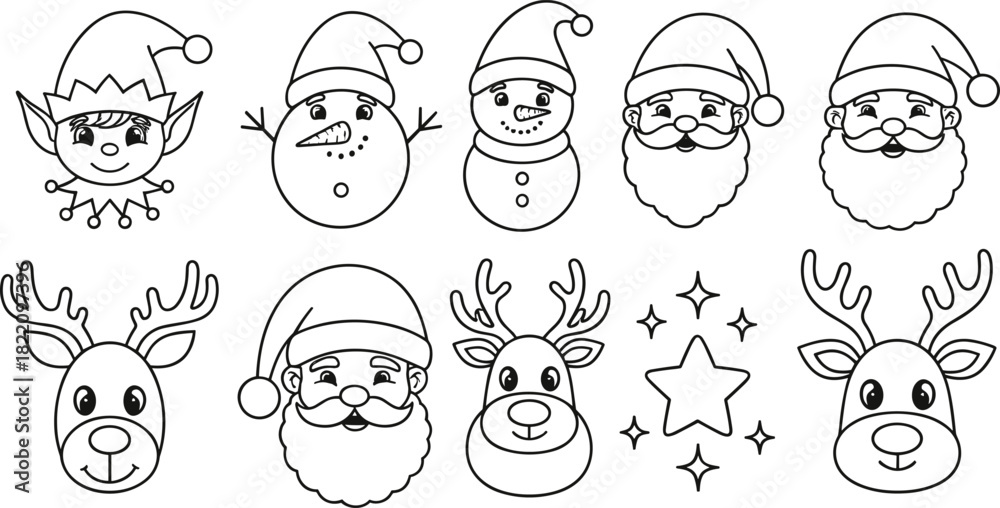 Cute Christmas character line art set featuring elf, snowman, Santa ...