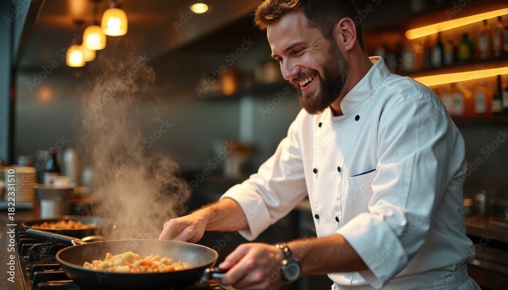 Smiling chef cooks food in a pro kitchen setting. Steam rises from pan ...