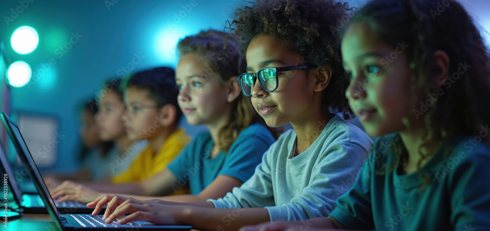 Diverse kids in modern computer lab learn tech skills. Young students ...