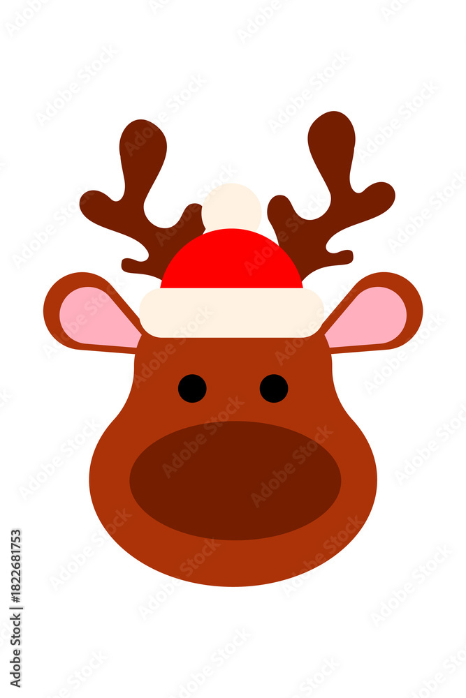 Cute Christmas reindeer face illustration with red Santa hat. Festive ...