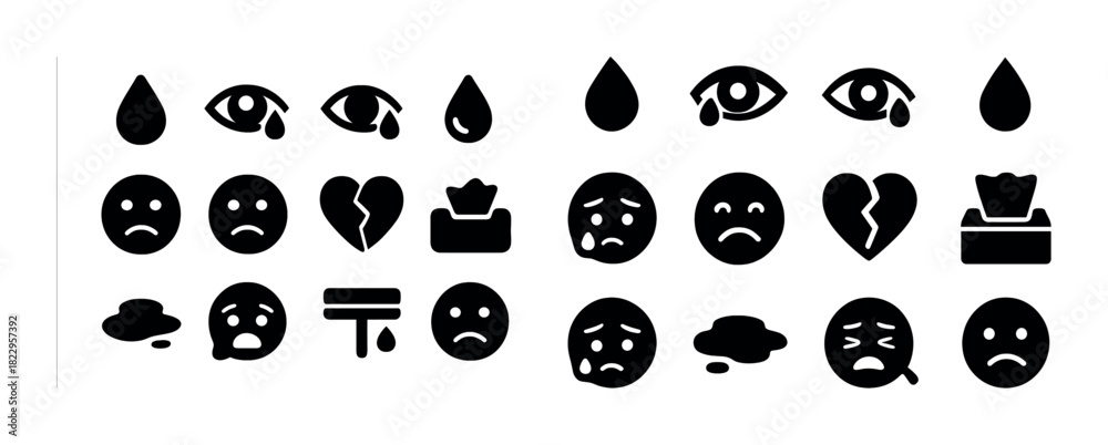 Sadness and emotion icons featuring tearful eyes and crying faces Stock ...