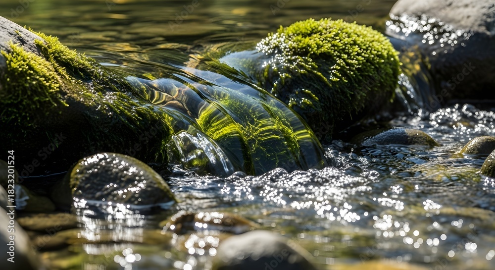 Water flowing over moss covered rocks creates small waterfall in a ...