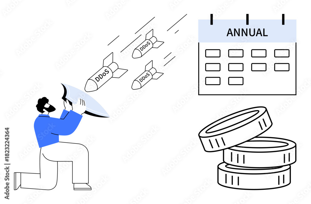 Person using shield to block incoming threats labeled as DDOS, calendar ...