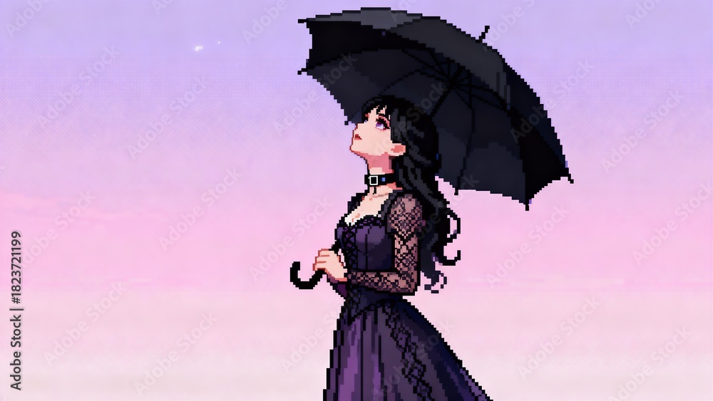 Pixel Art Goth Girl with Black Umbrella Looking at Sky. Dark Fantasy ...