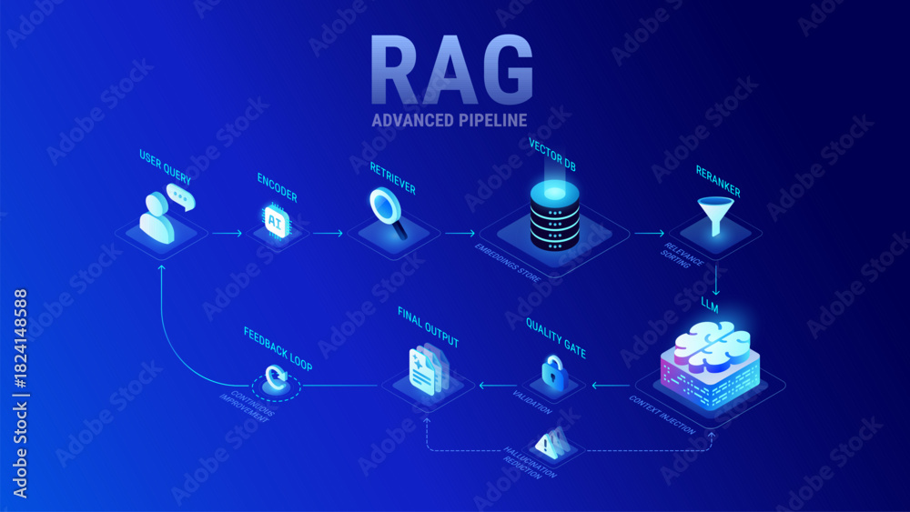 RAG AI workflow isometric enterprise diagram showing Retrieval ...