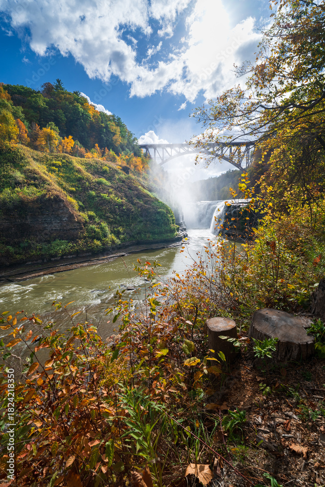 Fall foliage around the upper fall in Letchworth State Park, New York ...