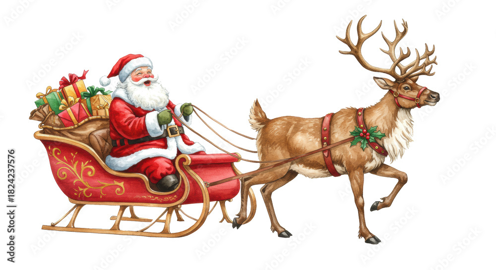 Watercolor of jolly santa claus in red velvet suit driving gift-loaded ...